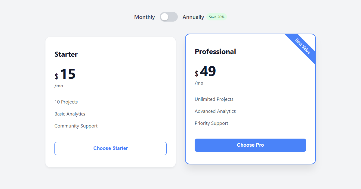 Interactive Pricing Toggle Cards JS (Code Snippet) - CodeShack